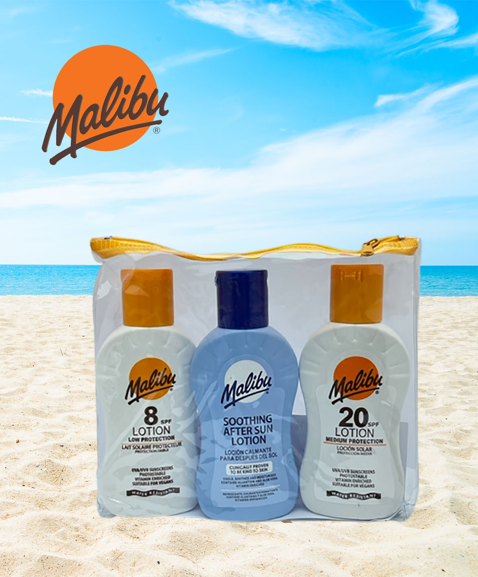 Malibu Travel Bag SPF8 And SPF20 Lotion | Malibu | Pak Cos